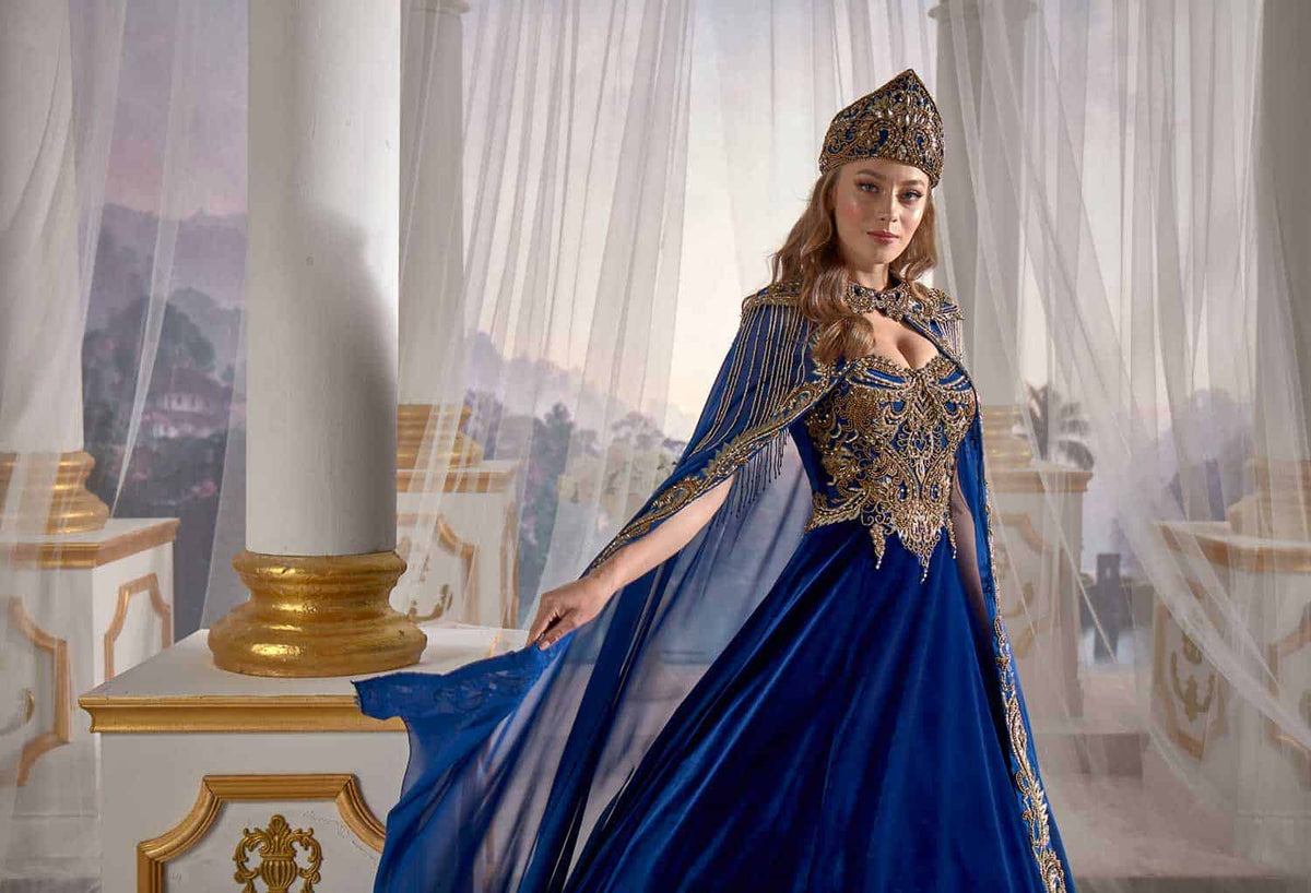Dark Blue Panels Velvet Tulle Cape Cut Out Detail Ottoman Sultan Caftan ...